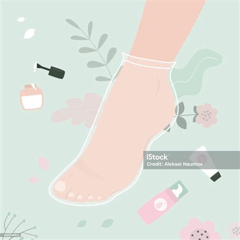 천연 꽃 성분이 함유 된 발 마스크 양말 뷰티 살롱과 페디큐어 스파 마사지 중 여성 다리 미용 도구로 둘러싸인 여자 발 미용