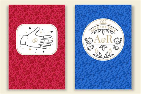 청첩장 전단지 포스터 배너 벡터 가는 선 기하학적 배지 날짜 초대장 디자인을 저장하기 위한 템플릿 및 요소를 디자인합니다 결혼 반지 손 마음 새 잎이 있는 현대적인 미니멀