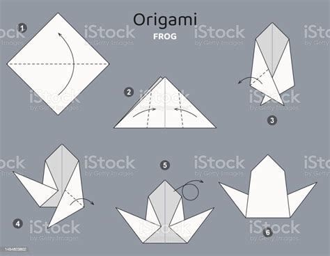 튜토리얼 개구리 종이 접기 계획 회색 배경에 고립된 종이접기 요소 아이들을위한 종이 접기 장난감 개구리에 대한 스톡 벡터 아트