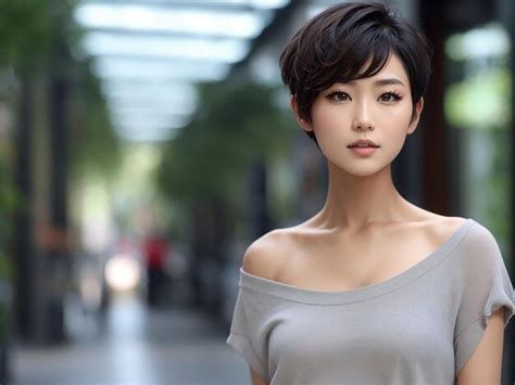 Fashionable Asian Woman Short Hair With Perfect Body Cute Female Model With Natural Makeu