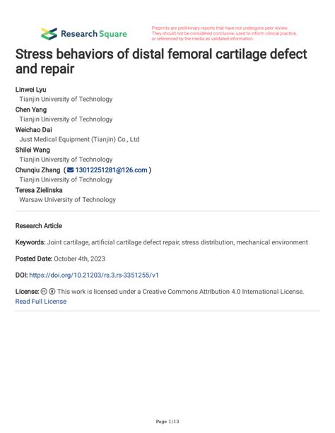 Pdf Stress Behaviors Of Distal Femoral Cartilage Defect And Repair