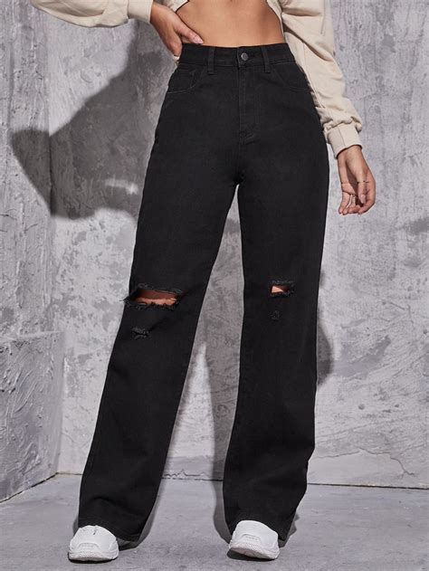 Shein Vaqueros De Talle Alto De Pierna Ancha Pantalon Ancho Mujer Ropa Pantalon Ancho Negro