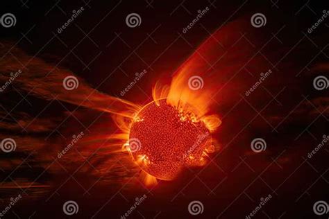 View Of The Sun With Flares And Prominences Visible Surrounded By Dramatic Sky Stock