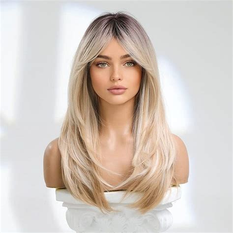 Platinum Blonde Wig Womens Ombre Wig With Bangs Synthetic Heat
