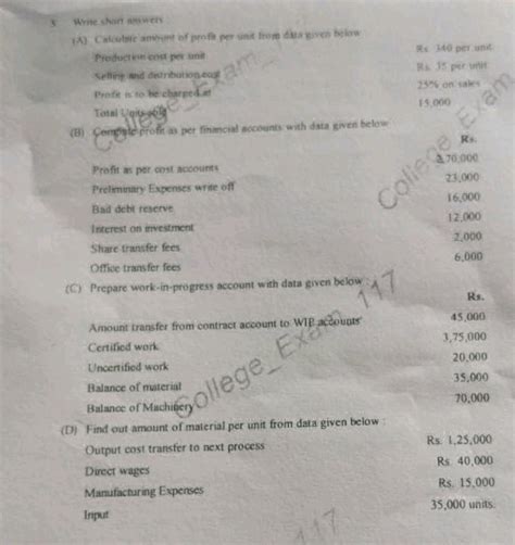 Write Short Answers A Calculate Amount Of Profit Per Unit From Data Given Below Production