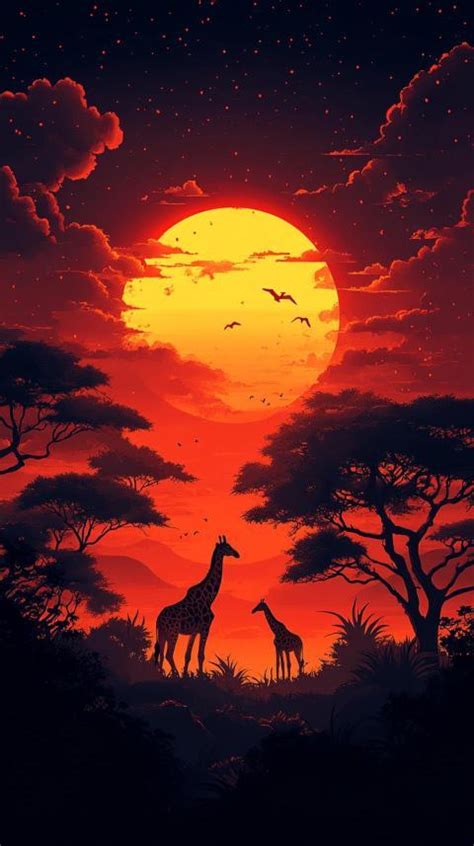Savanna Sunset With Giraffes And Acacia Trees Aesthetic Wallpaper 8