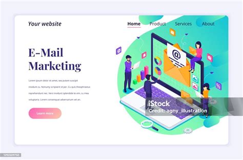 이메일 마케팅의 Isometric 방문 페이지 디자인 개념 사람들이 가진 메일링 서비스는 거대한 노트북 근처에서 작동합니다 벡터