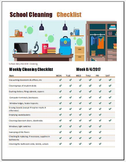 School Cleaning Checklist Template For Excel Word Excel Templates