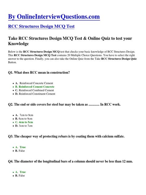 Rcc Structures Design Mcq Pdf Pdf Bending Reinforced Concrete