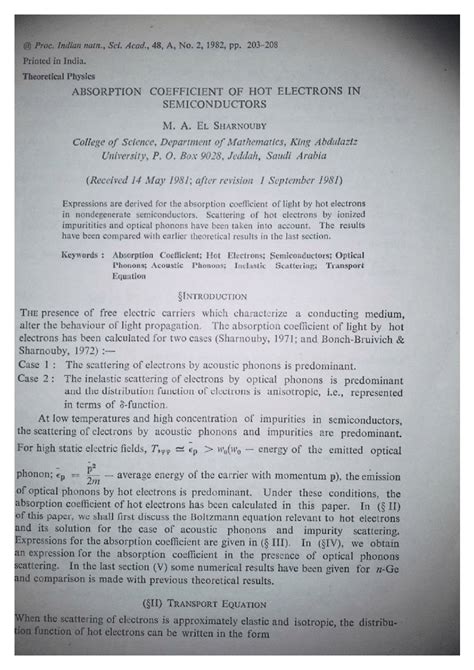Pdf Absorption Coefficient Of Hot Electrons In Semiconductors