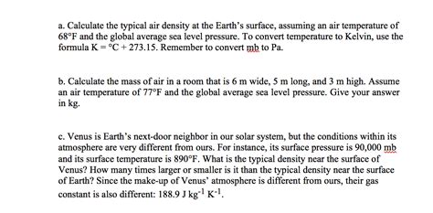 Solved A Calculate The Typical Air Density At The Earths