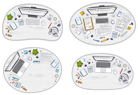 사무실 책상 작업 공간 Pc와 노트북 및 작업 오버 헤드 모양에 대 한 다양 한 문구 개체와 상단 보기 모든 요소는 개별적으로