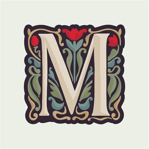 Letra M Inicial Iluminada Com Ornamento De Folha Curva E Tulipas Tampa