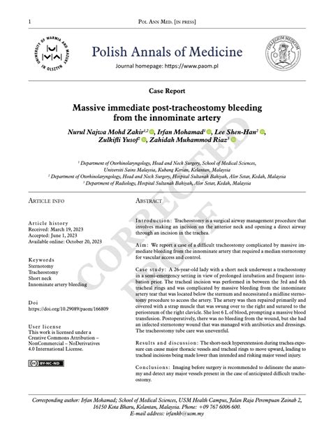 Pdf Massive Immediate Post Tracheostomy Bleeding From The Innominate