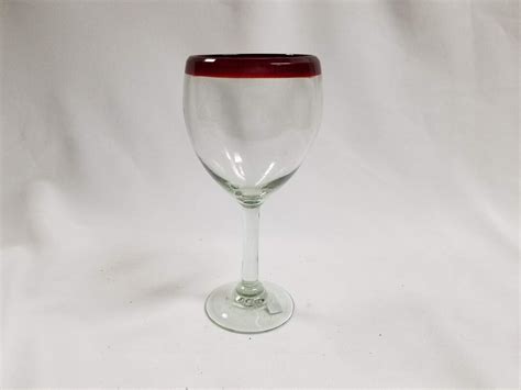 1 Hand Blown Wine Glass Red Rim Etsy