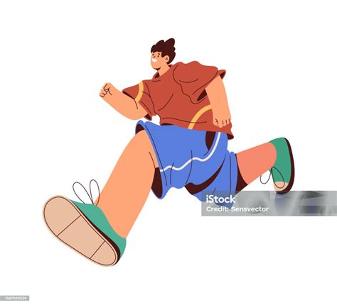 얼굴에 미소를 띤 십대 소년 움직이는 고립된 남자 빠른 스프린트 또는 레이스 챔피언십에 벡터 플랫 만화 캐릭터 서두르거나 바쁘고 점프하고 움직입니다 가까이 옴에 대한 스톡