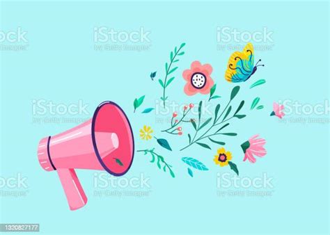 화려한 봄 꽃 잎 파스텔 블루 배경에 고립 된 식물핑크 메가 폰 미니멀 한 현대 플랫 만화 라인 스타일의 창조적 인 패션 자연 개념 아이디어 정원에 대한 스톡 벡터 아트 및