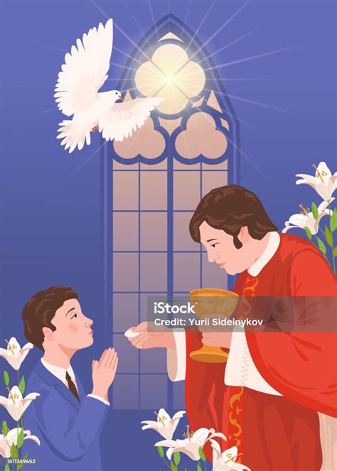 첫 영성체 중 양복을 입은 소년 벡터 사제는 하얀 빛나는 비둘기의 형태로 성령의 현현인 빵을 들고 있습니다 성찬례를 받는 교회