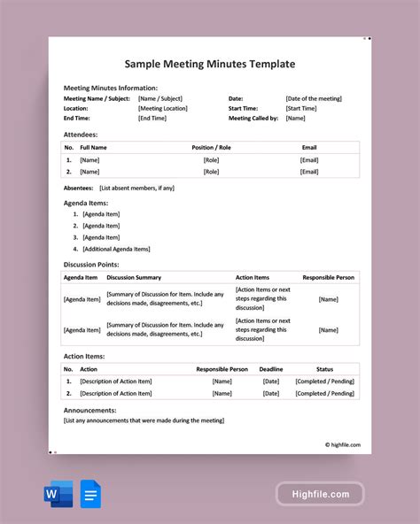 Free Editable Meeting Minutes Templates Highfile