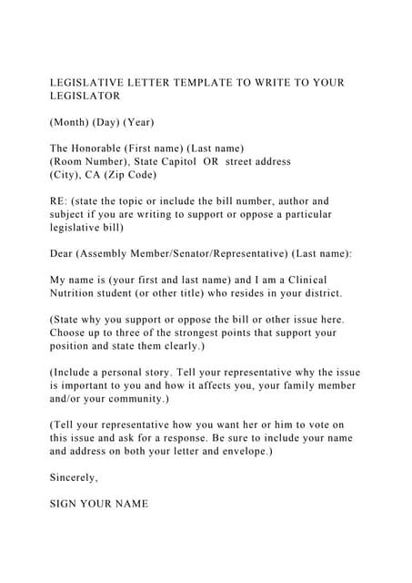 Legislative Letter Template To Write To Your Legislatormonthdocx