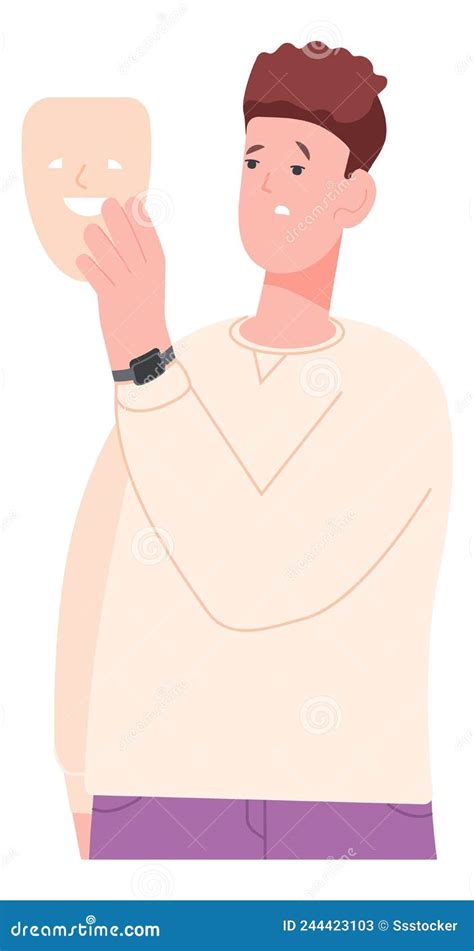 Man Holding Fake Smile Mask Unsincere Social Behavior Cartoon Vector