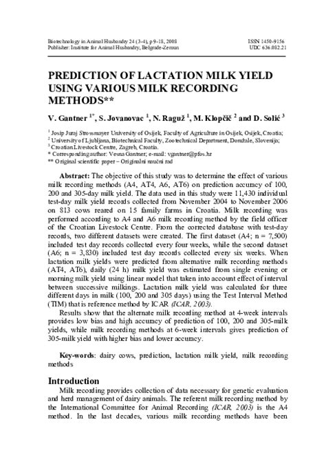 Pdf Prediction Of Lactation Milk Yield Using Various Milk Recording Methods