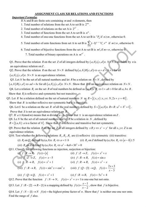 pdf assignment class xii relations and functions important formulas