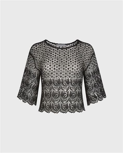 Oxana Black Crop Sheer Mesh Embroidered Lace Top With Geometric Circles