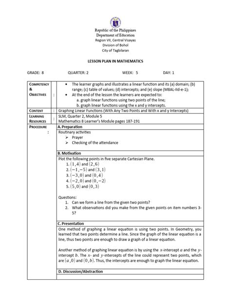 Prototype Lesson Plan In Math 8 Q2 Week 5 Pdf Slope Function