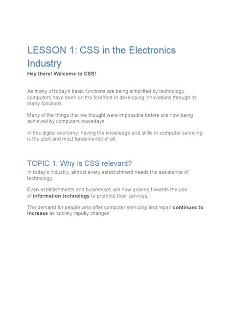 Lesson 1 Css In The Electronics Industry Topic 1 Why Is Css Relevant