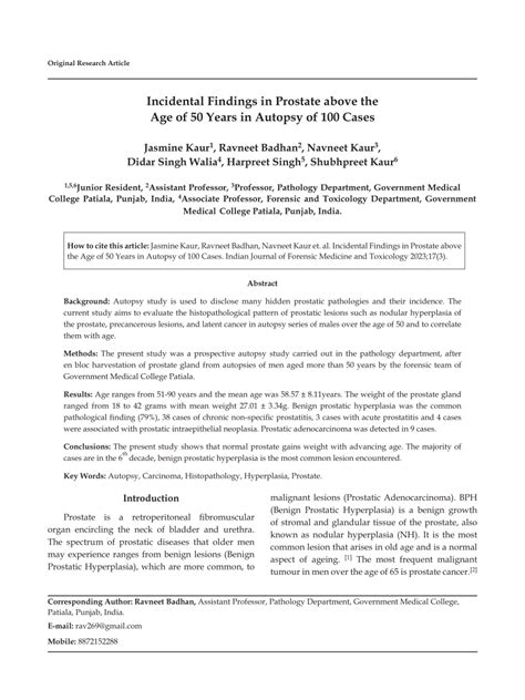 Pdf Incidental Findings In Prostate Above The Age Of 50 Years In
