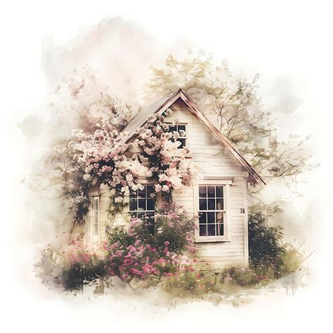 Watercolor Cottage With Flowers Premium Ai Generated Image