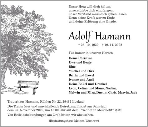 Das Trauerportal für Lüchow Dannenberg Todesanzeigen Adolf Hamann