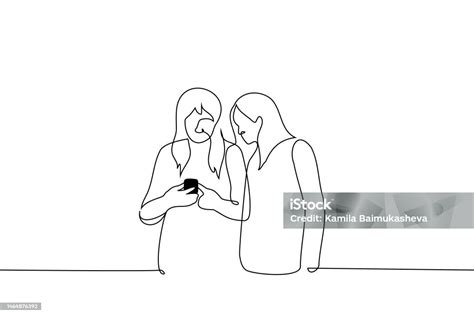 두 명의 여성이 전화를 봅니다 한 선 그리기 벡터 그녀의 스마트 폰 화면에서 그녀의 친구에게 무언가를 보여주는 개념 여자 한붓