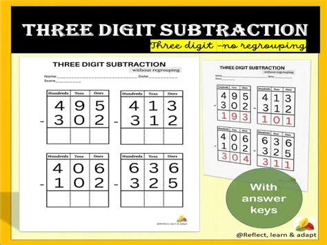 Three Digit Addition And Subtraction Without Regrouping Adaptive Resources Teaching Resources