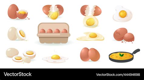 Cartoon Eggs Set Broken Egg Raw Yolk Eggshell Vector Image