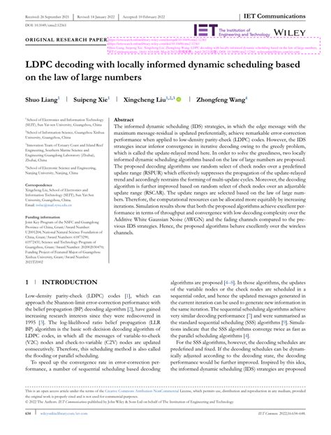 Pdf Ldpc Decoding With Locally Informed Dynamic Scheduling Based On The Law Of Large Numbers