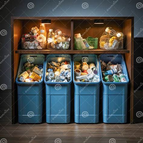 Organized Recyclables Into Designated Bins Showcasing The Art Of Precise Sorting Stock