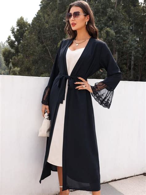 Shein Najma Embroidery Mesh Flounce Sleeve Belted Abaya Shein Usa