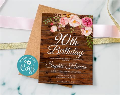 Editable 90th Birthday Invitation Any Age Women Birthday Invite