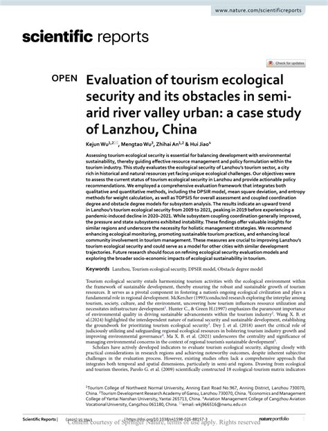 Pdf Evaluation Of Tourism Ecological Security And Its Obstacles In Semi Arid River Valley