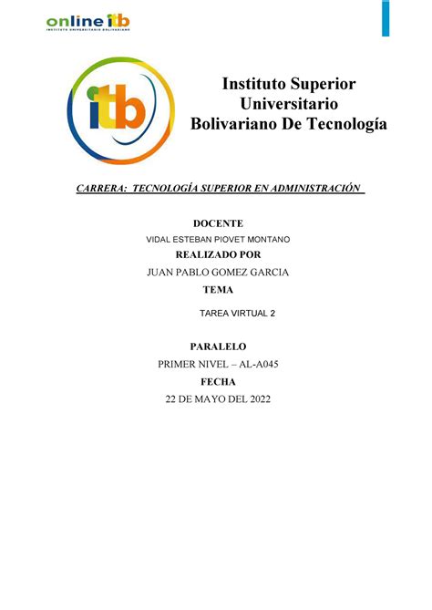 Tarea Virtual No 2 Instituto Superior Universitario Bolivariano De
