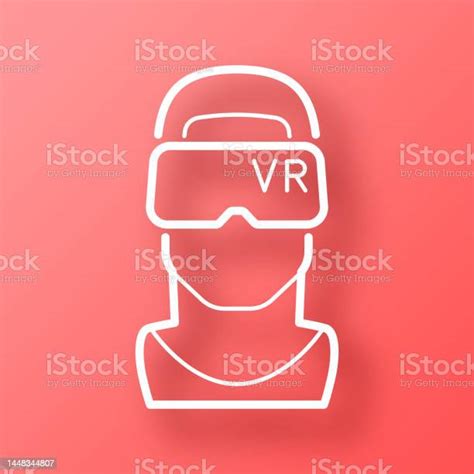 Vr 헤드셋을 가진 남자 가상 현실 그림자가 있는 빨간색 배경의 아이콘 360도 촬영에 대한 스톡 벡터 아트 및 기타 이미지