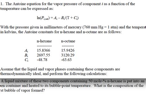 The Antoine Equation For The Vapor Pressure Of Chegg