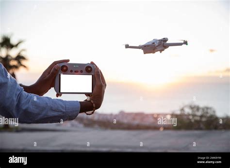 Close Up On Drone Remote Control With Blank Screen For Mockup Drone