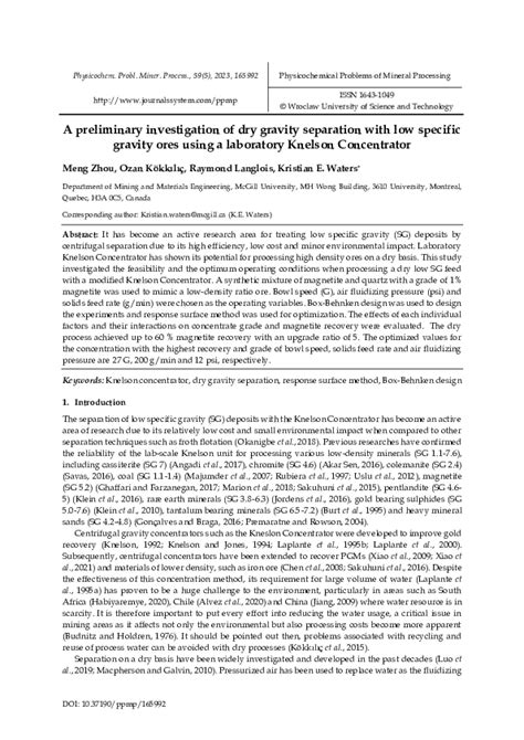 Pdf A Preliminary Investigation Of Dry Gravity Separation With Low