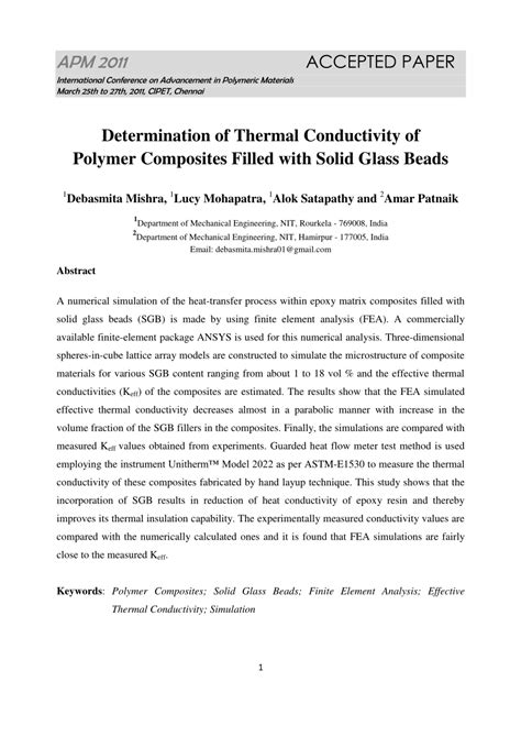 Pdf Determination Of Thermal Conductivity Of Polymer Composites Filled With Solid Glass Beads