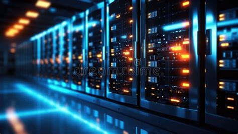 Row Of Network Servers With Glowing Led Lights A Scene Of A Data Center Or Server Room Stock