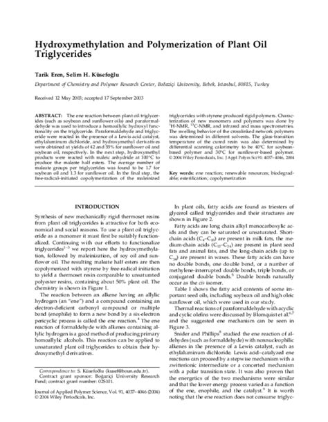 Pdf Hydroxymethylation And Polymerization Of Plant Oil Triglycerides