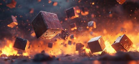 Floating Metallic Cubes Amidst Fiery Explosion Dynamic Motion Vibrant Colors Dramatic